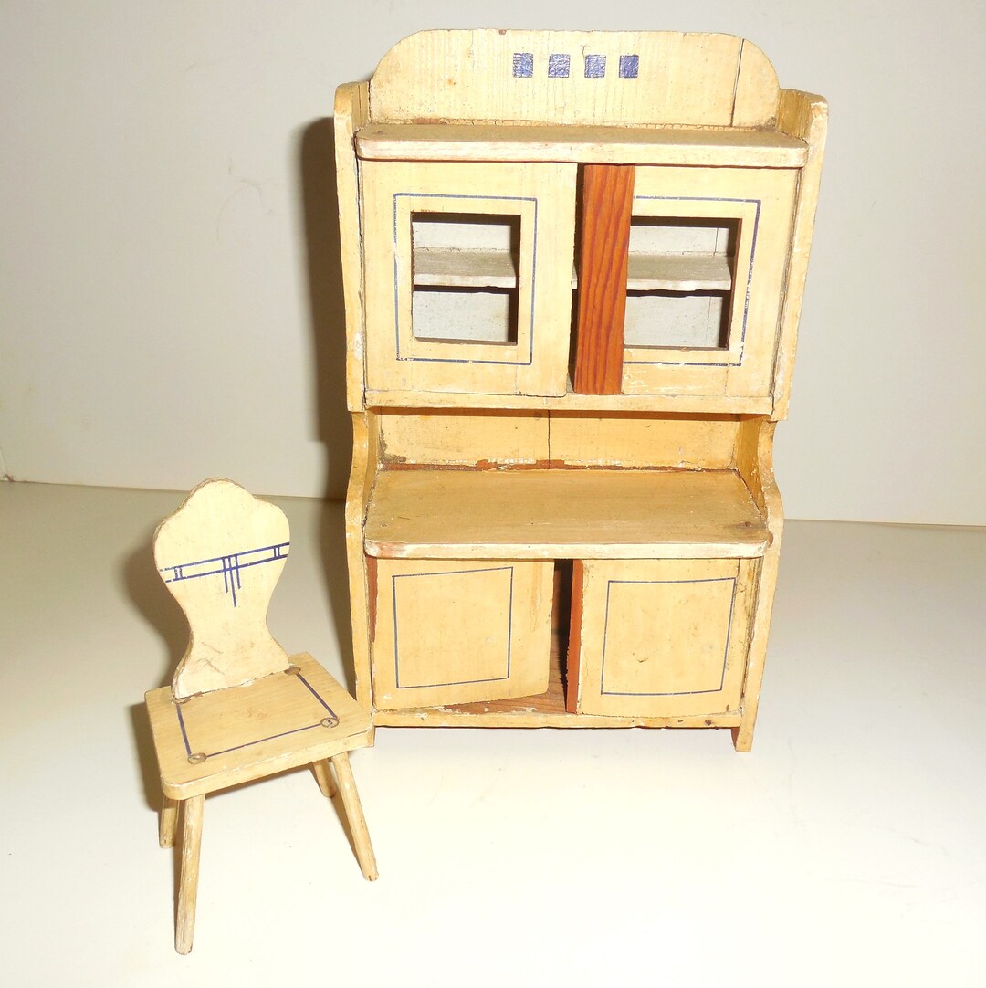 Vintage Toy Miniature Chair and Hoosier Kitchen Pantry Cabinet ...