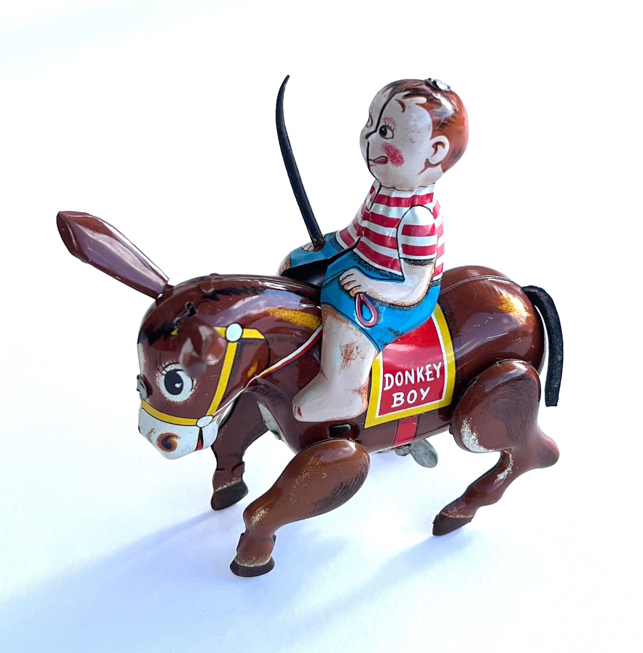 Vintage 1950s Wind up Donkey Boy Tin Toy in Box Working Red White Blue ...