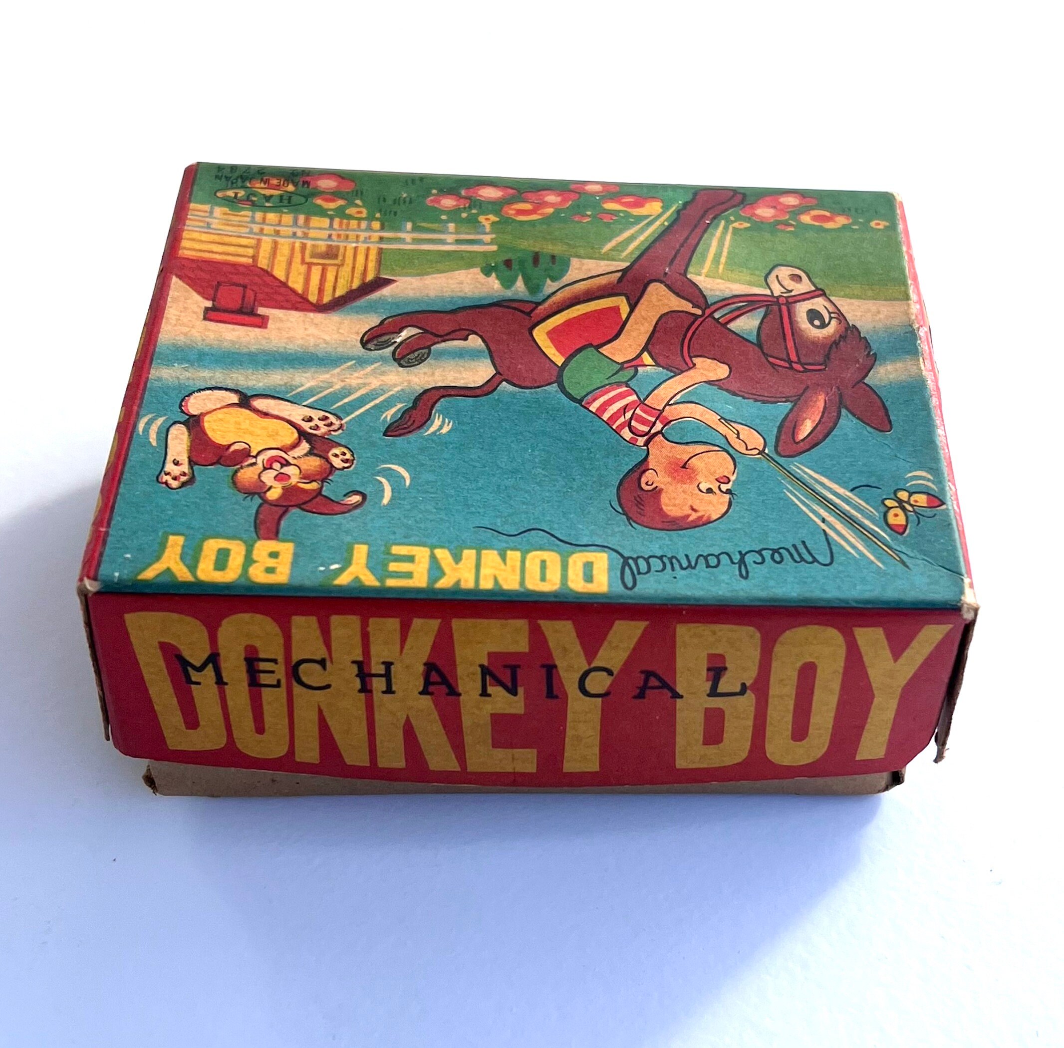 Vintage 1950s Wind up Donkey Boy Tin Toy in Box Working Red White Blue ...