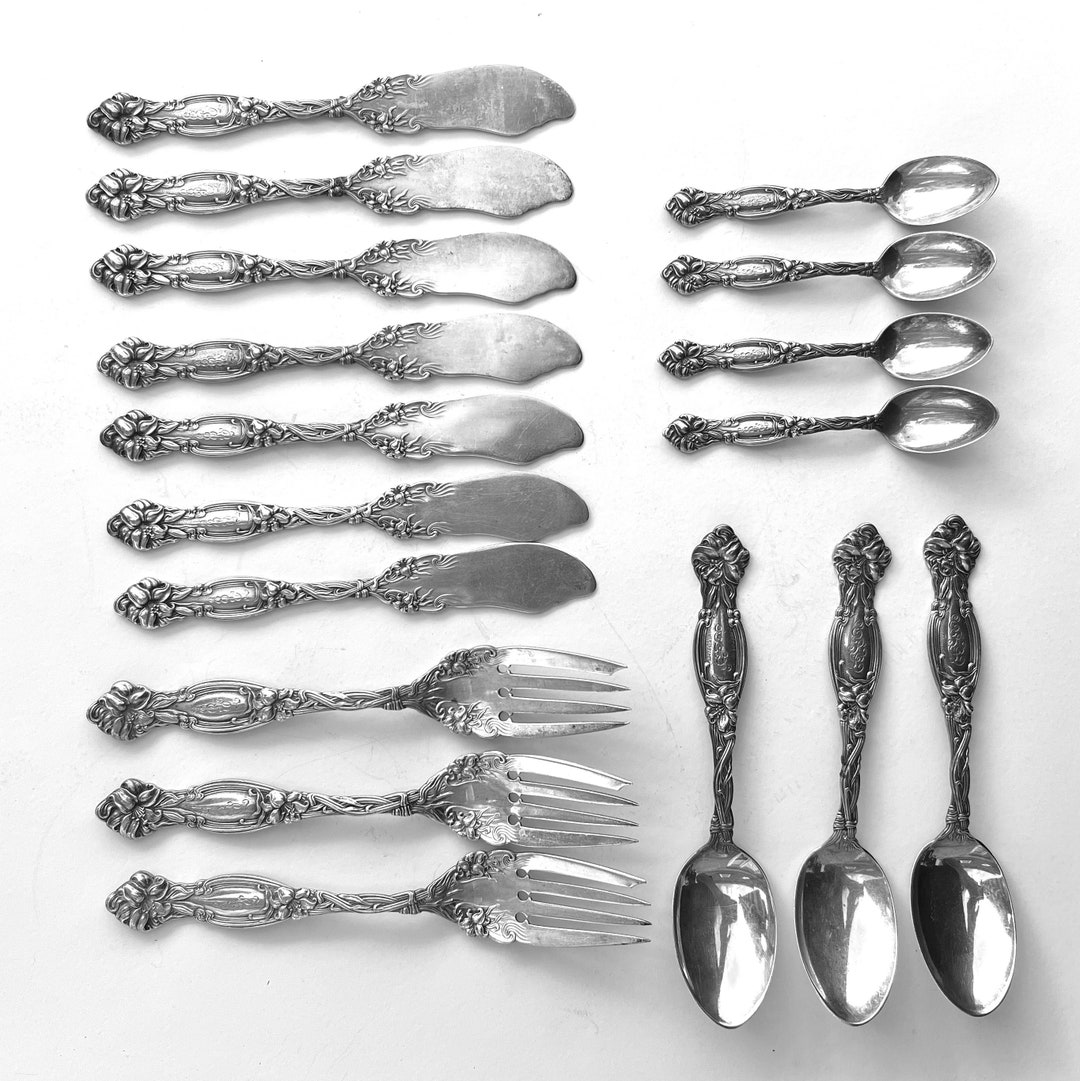 Fancy Vintage Sterling Silver Frontenac Flatware 17 PCS SET Butter Spreaders Knives, Salad Forks ...