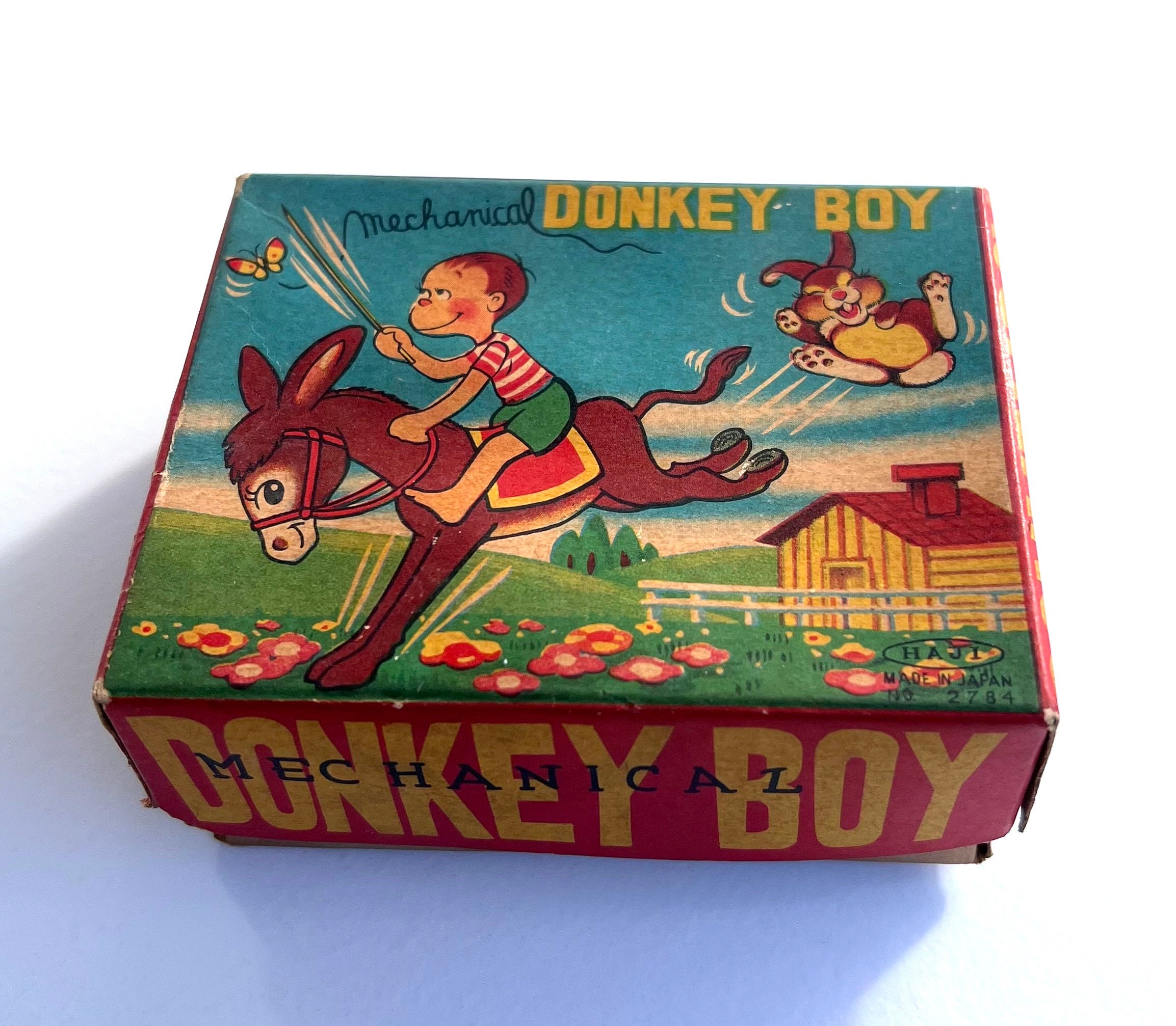 Vintage 1950s Wind up Donkey Boy Tin Toy in Box Working Red White Blue ...