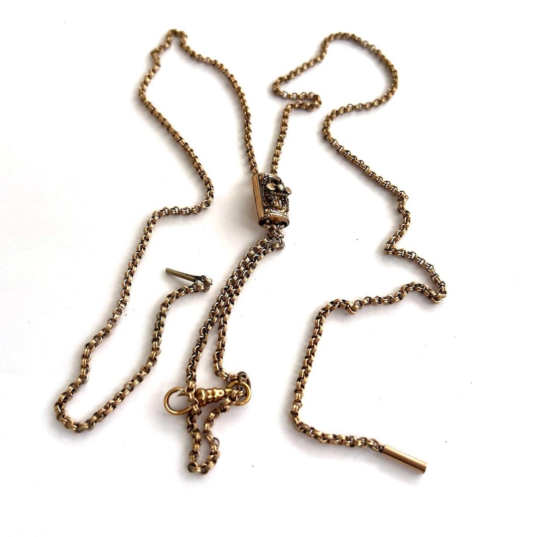 Antique Victorian 36" Gold Filled Watch Chain Slide Necklace W Original ...