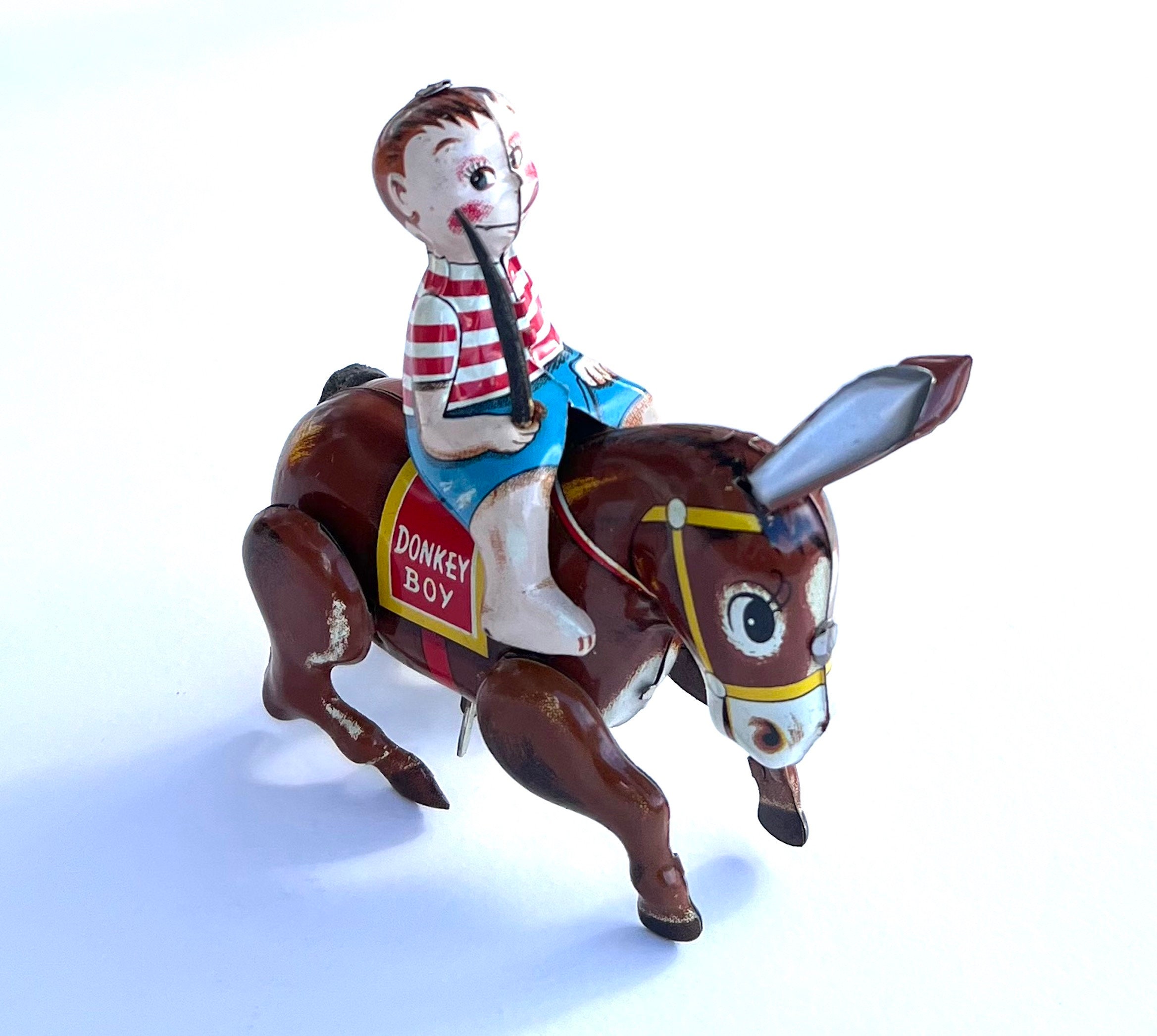 Vintage 1950s Wind up Donkey Boy Tin Toy in Box Working Red White Blue ...
