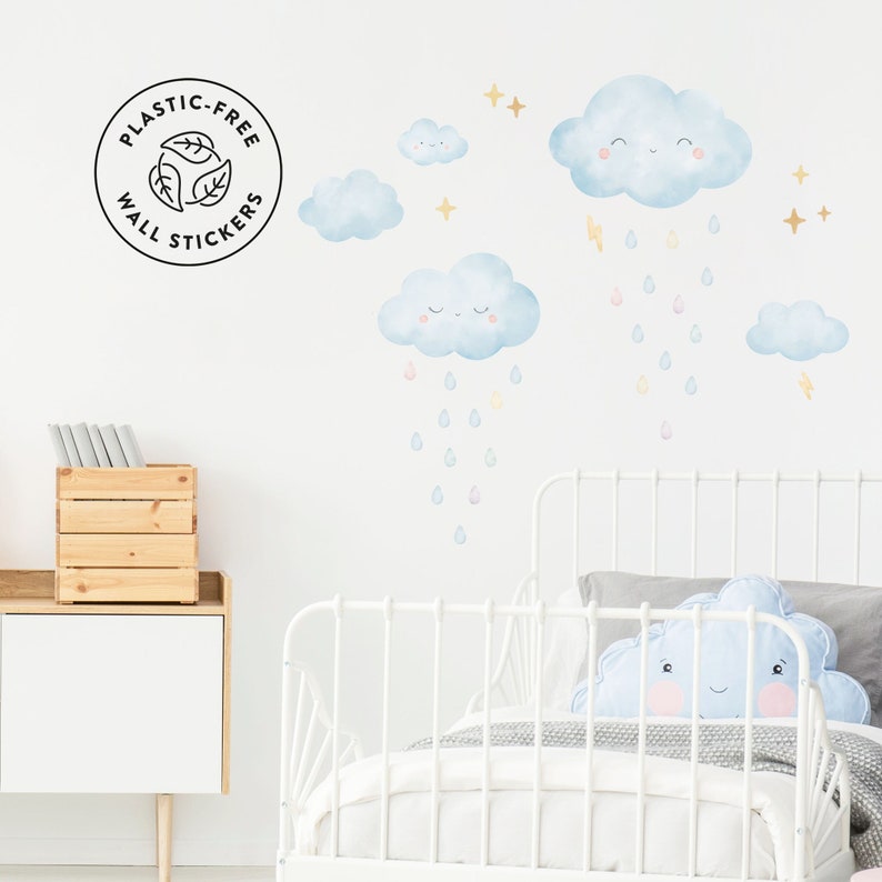 Happy Watercolor Cloud and Raindrop Wall Decals, Plastic-free Wall ...