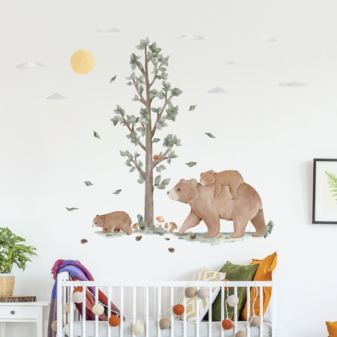 Nordic Forest Bear and Cubs Wall Decals, Plastic-free Kids Room Wall ...