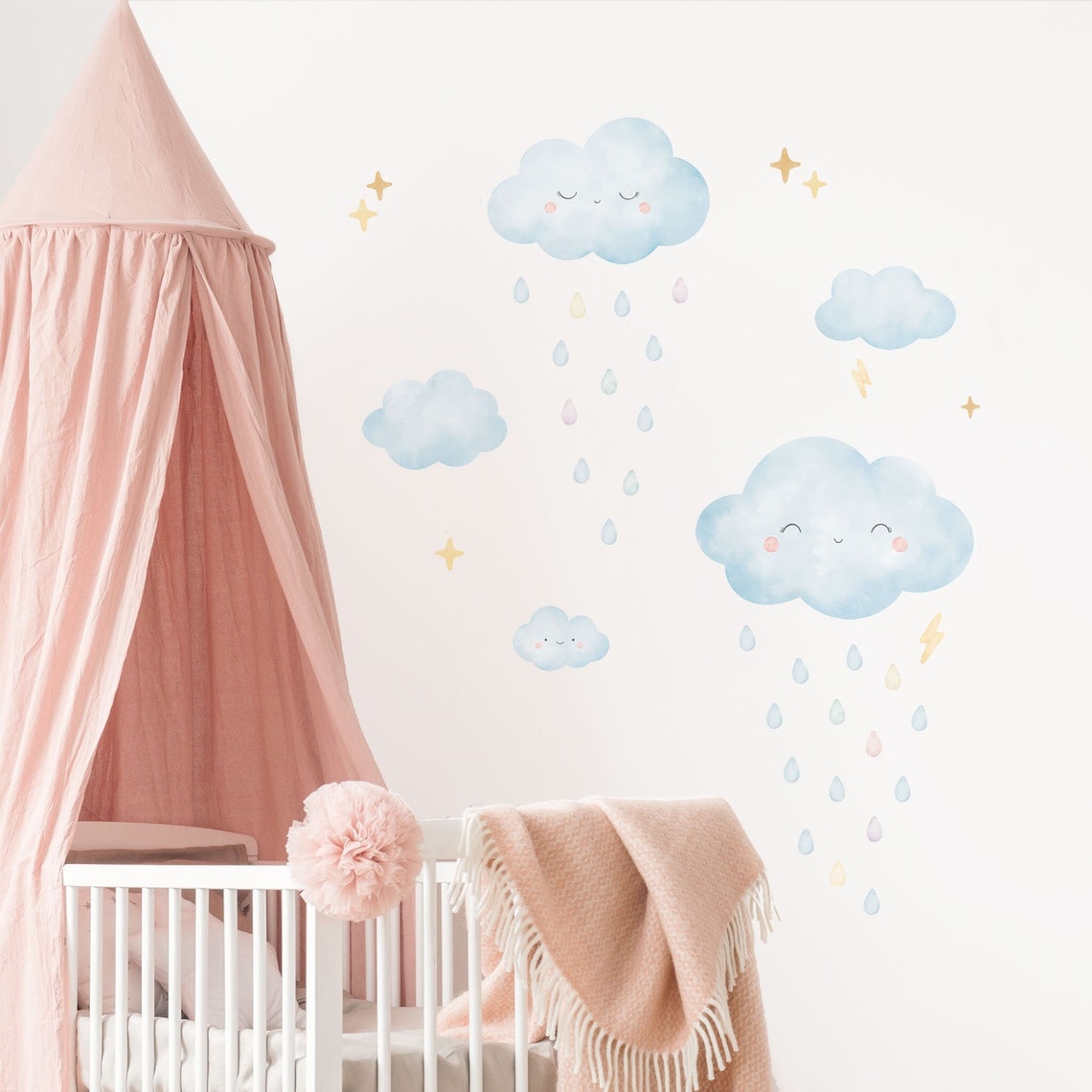 Happy Watercolor Cloud and Raindrop Wall Decals, Plastic-free Wall ...