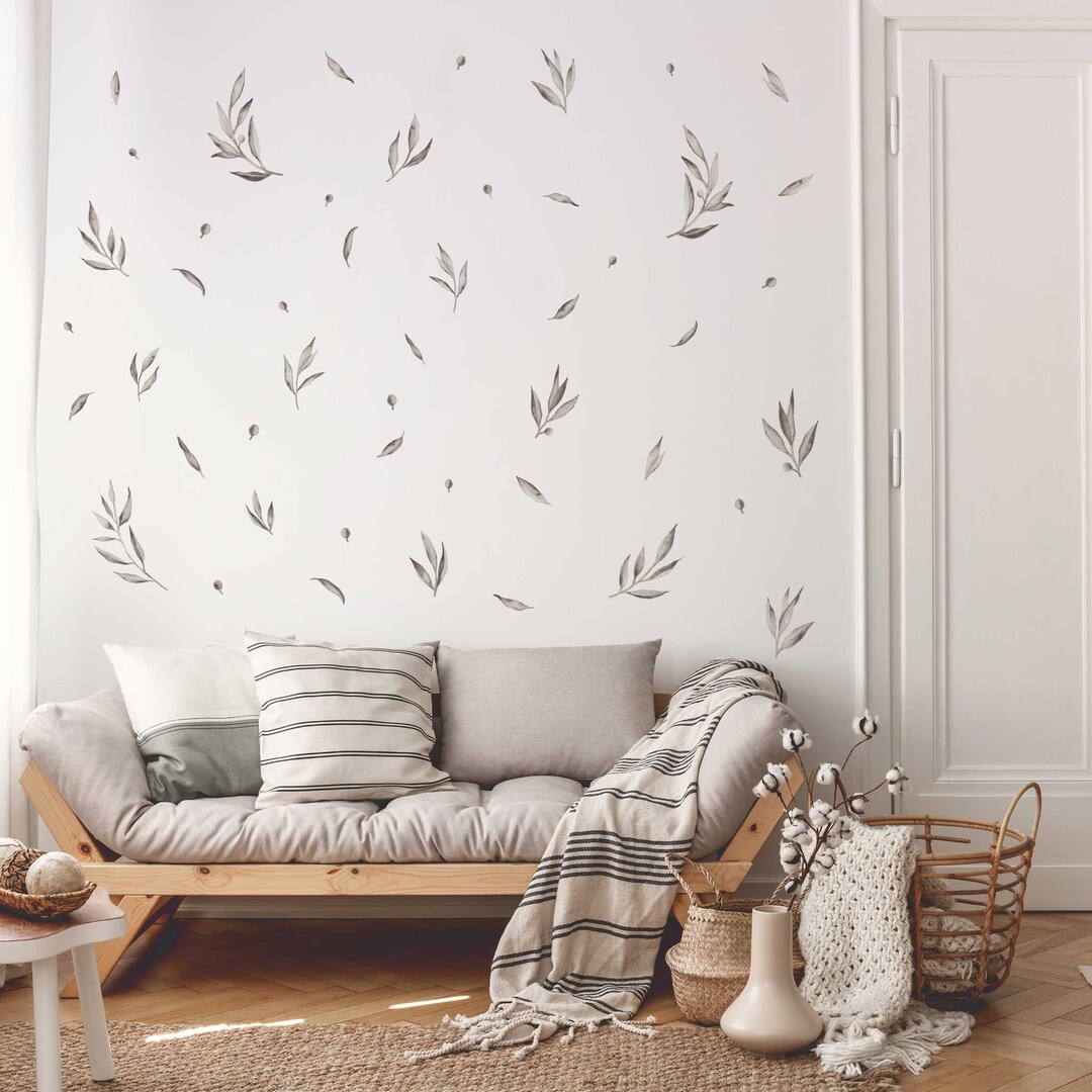 Grey Olive Leaves and Branches Wall Decals, Plastic-free Wall Stickers ...
