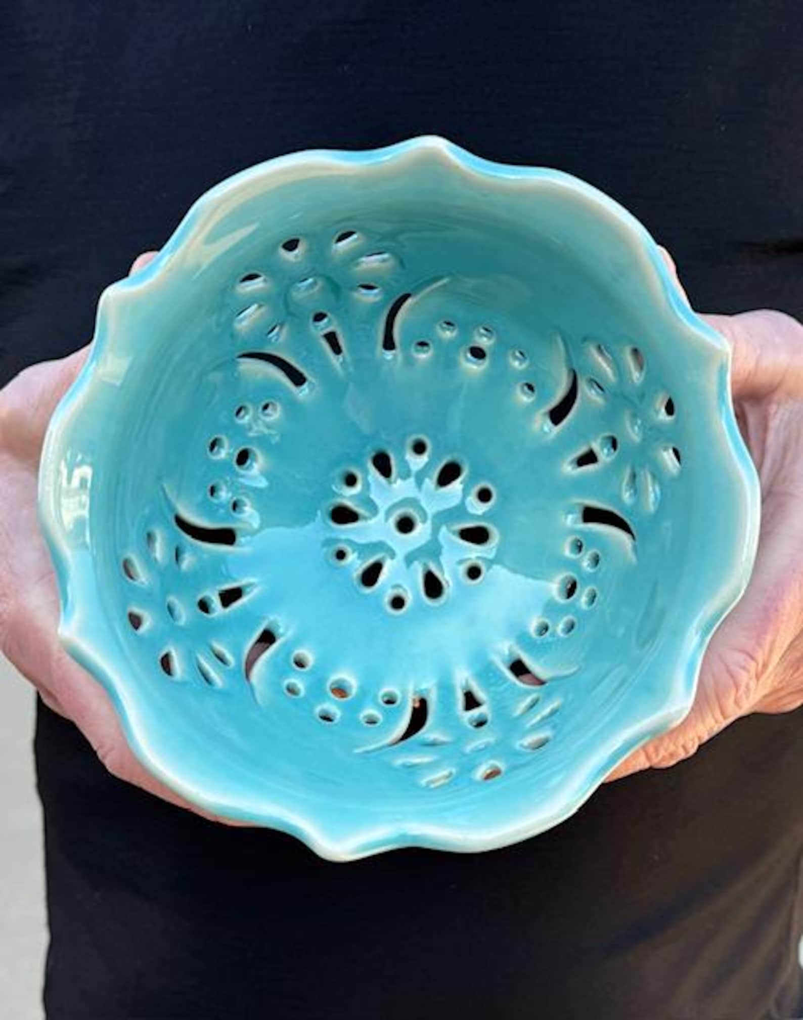 Handmade Berry Bowl and Matching Plate, Hand-cut Rim, Flower Design ...