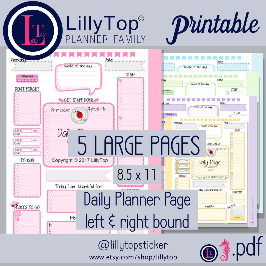 5 Printable Daily Pages, PDF File, Left and Right Insert, DIY, Pink ...