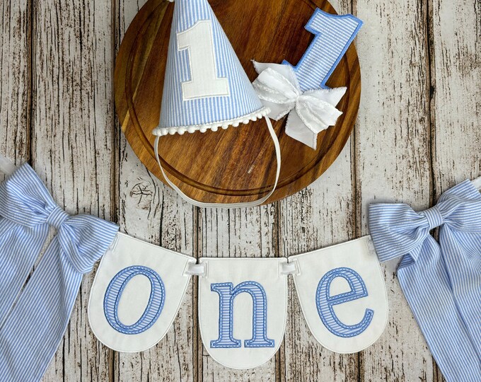Blue First Birthday Decor Blue Seersucker High Chair Banner, Party Hat ...
