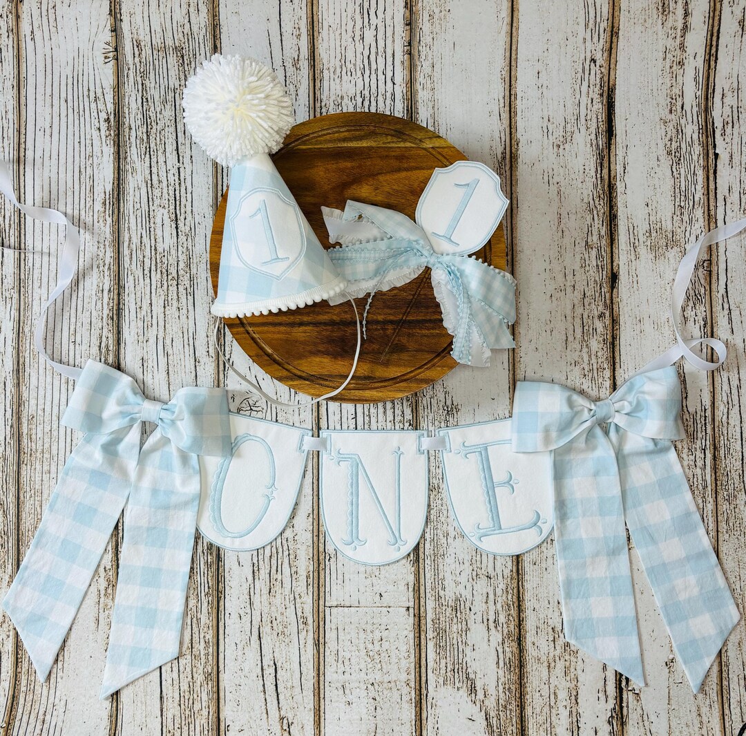 Blue Gingham First Birthday Decor - High Chair Banner, Party Hat, Cake ...