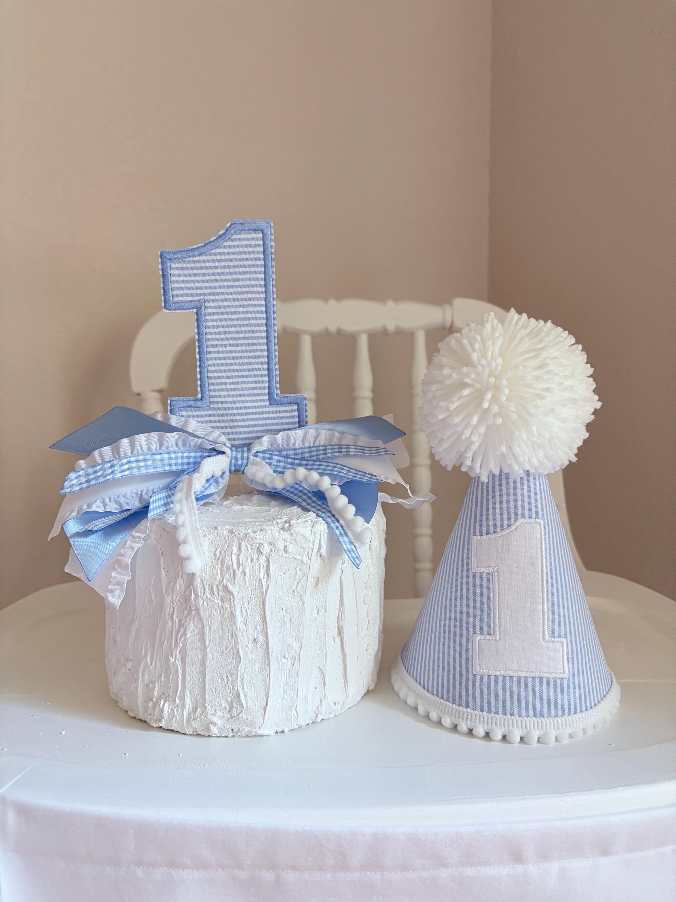 Blue First Birthday Decor - Blue Seersucker - High Chair Banner, Party ...
