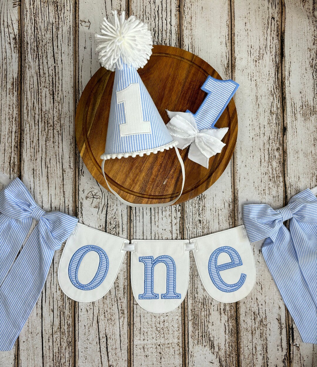 Blue First Birthday Decor Blue Seersucker High Chair Banner, Party Hat ...