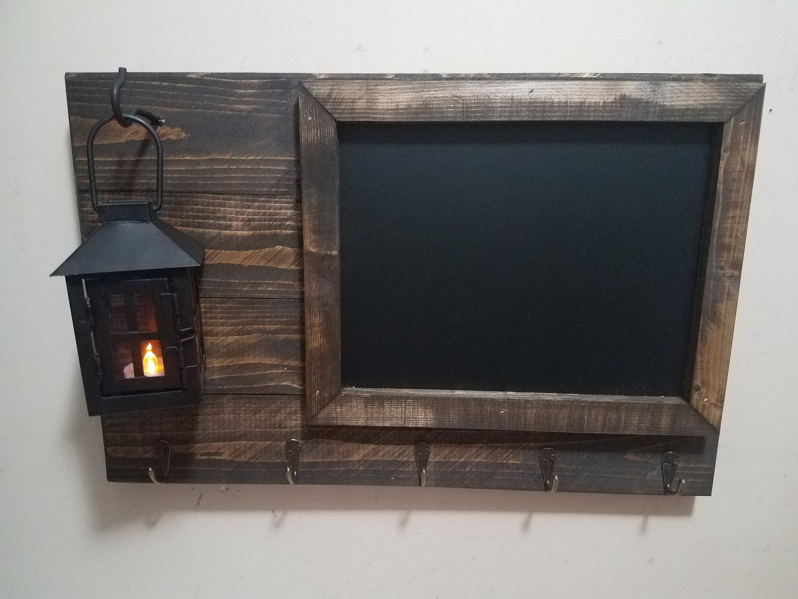 Rustic Wood Chalkboard Key Holder, Farmhouse Message Board With Lantern ...