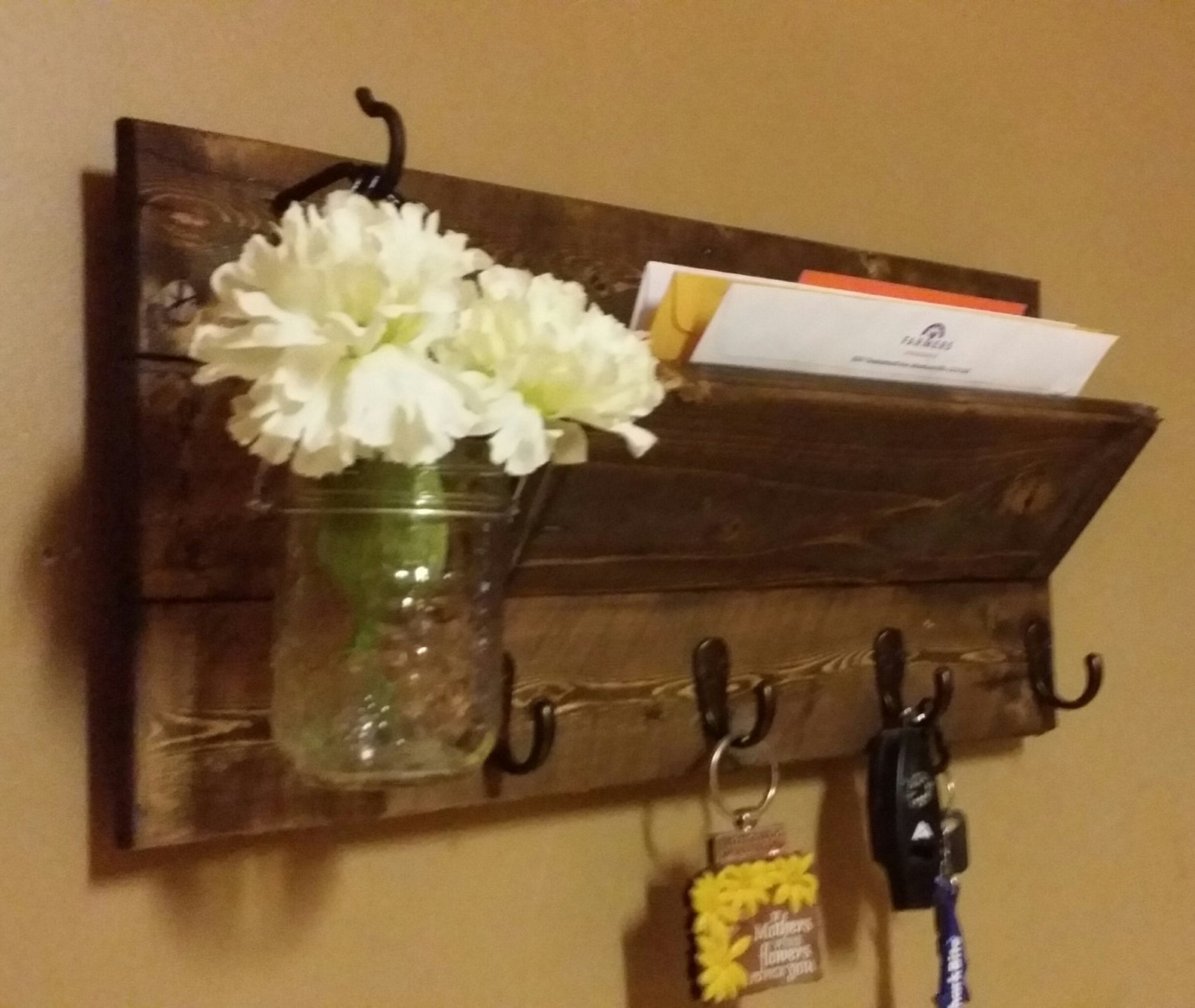 Rustic Wooden Mail and Key Holder, English Chestnut Stain, Wall Decor ...