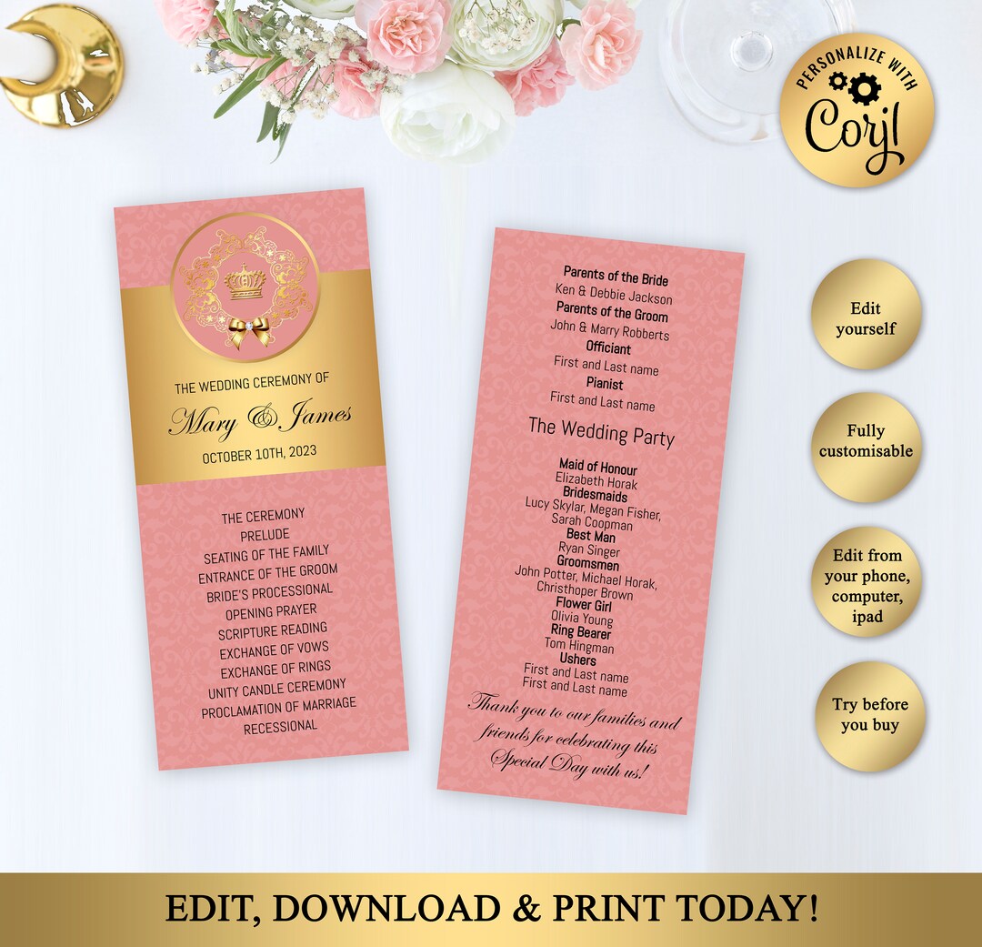 Printable Wedding Program Template, Coral and Gold, Royal Wedding ...