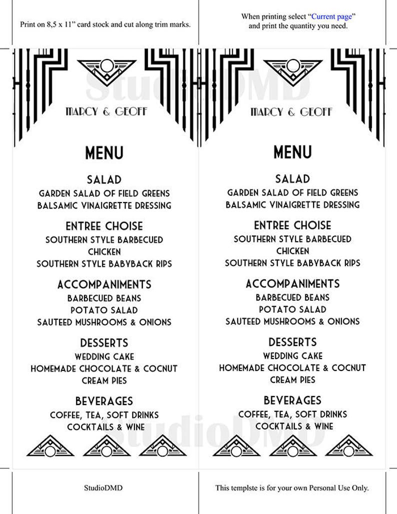 Printable Menu Card Template Great Gatsby Style Art Deco - Etsy