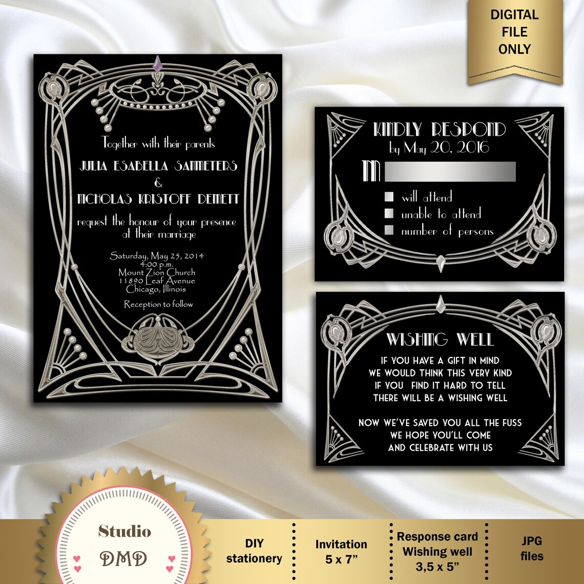 Great Gatsby Style Art Deco Wedding Invitation Suite With RSVP | Etsy