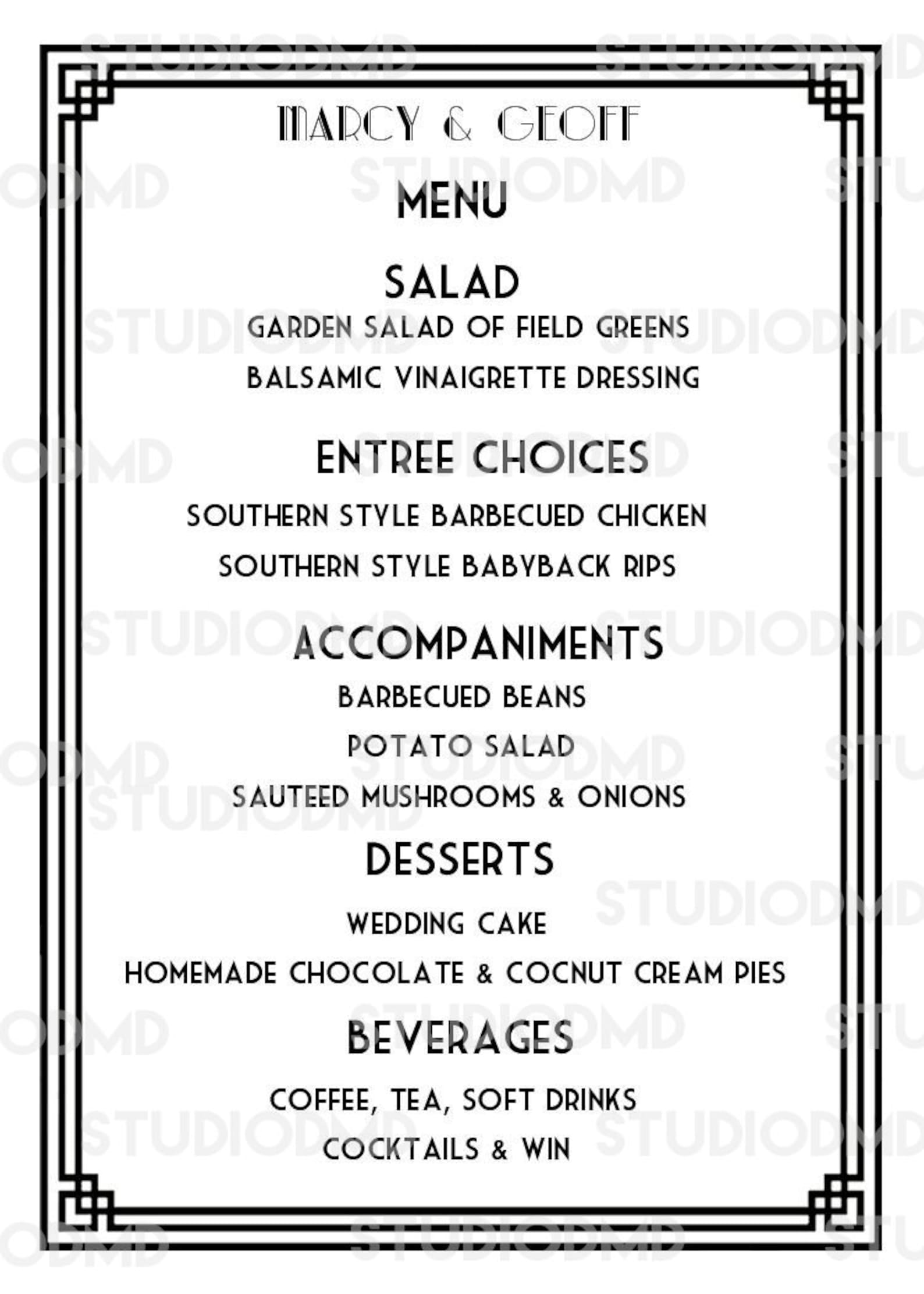 Printable Menu Card Template Great Gatsby Style Art Deco - Etsy