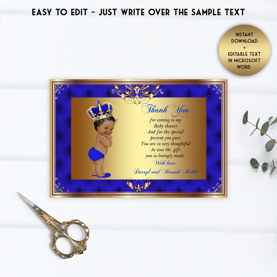 Printable Baby Shower Thank You Card, Little Prince, Royal Blue, Gold ...