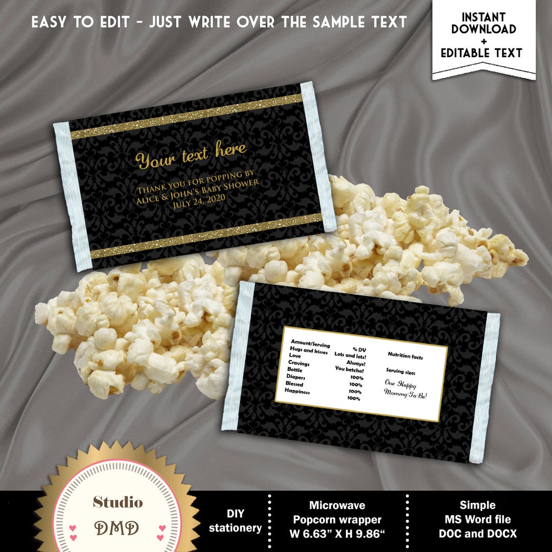 Printable Microwave Popcorn Wrapper, Ready to Pop, Black and Gold ...