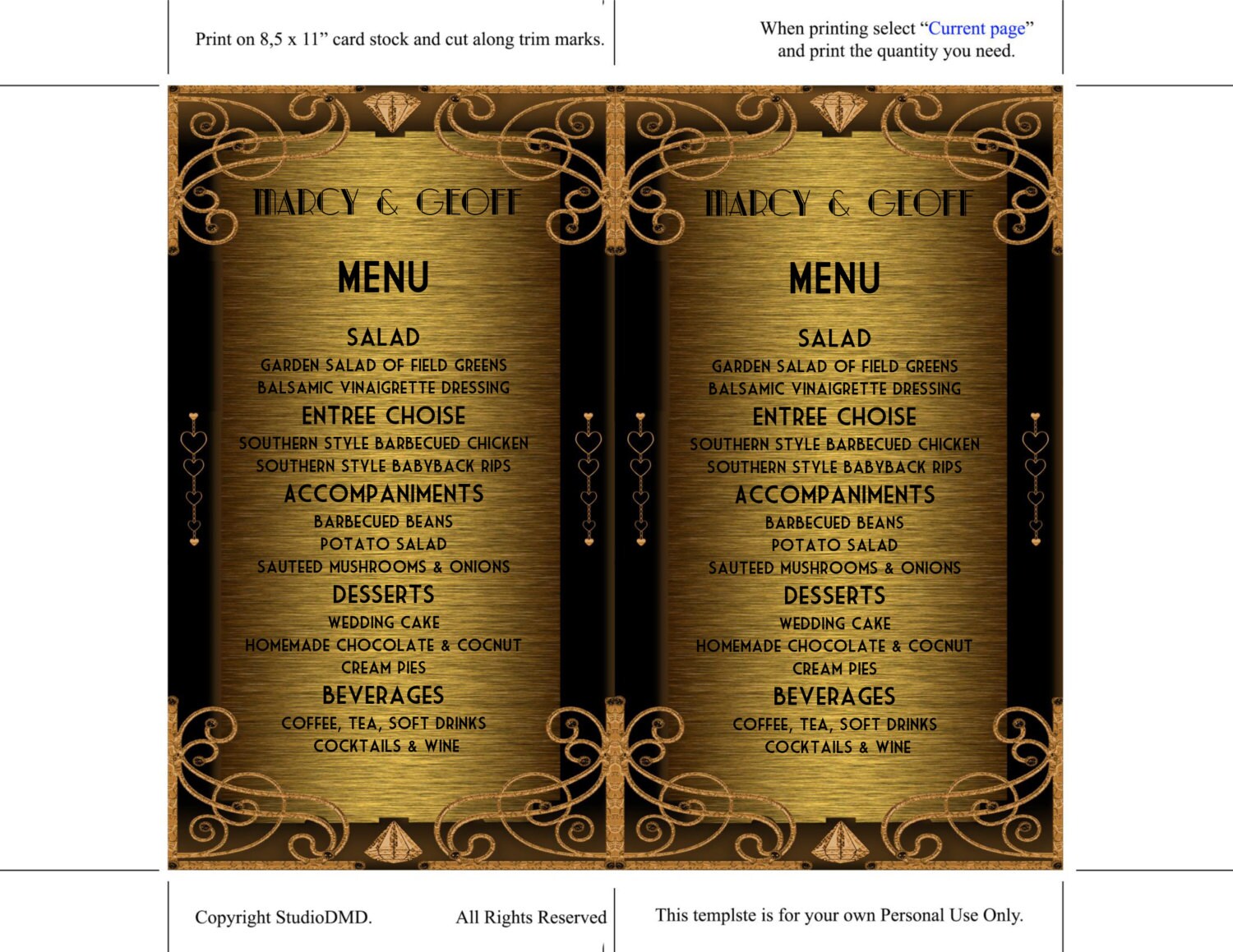 Printable Menu Card Template Great Gatsby Style Art Deco | Etsy