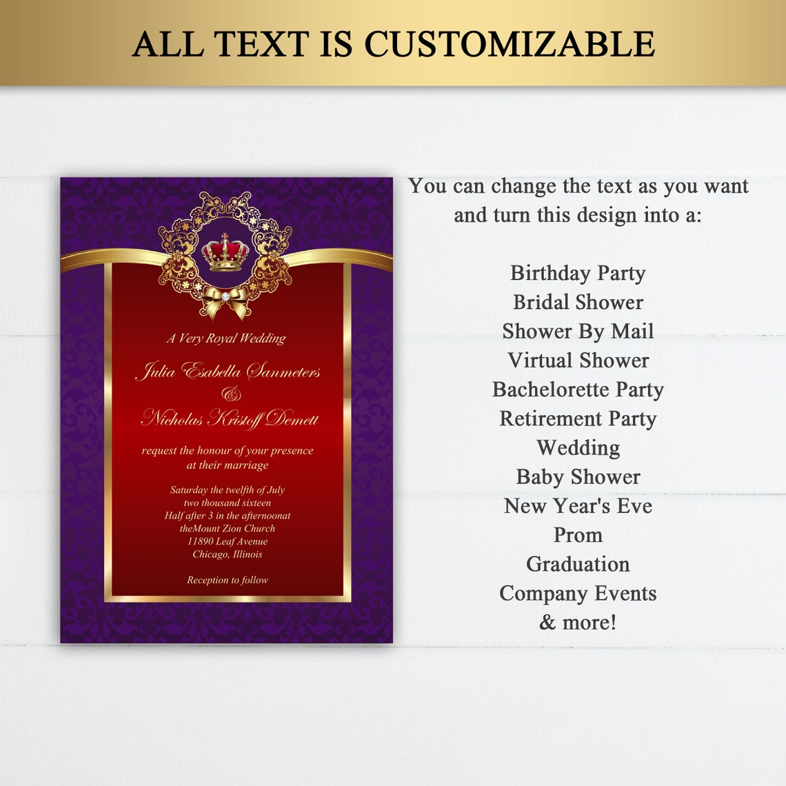Printable Royal Wedding Invitation Set Red Purple Gold Crown - Etsy