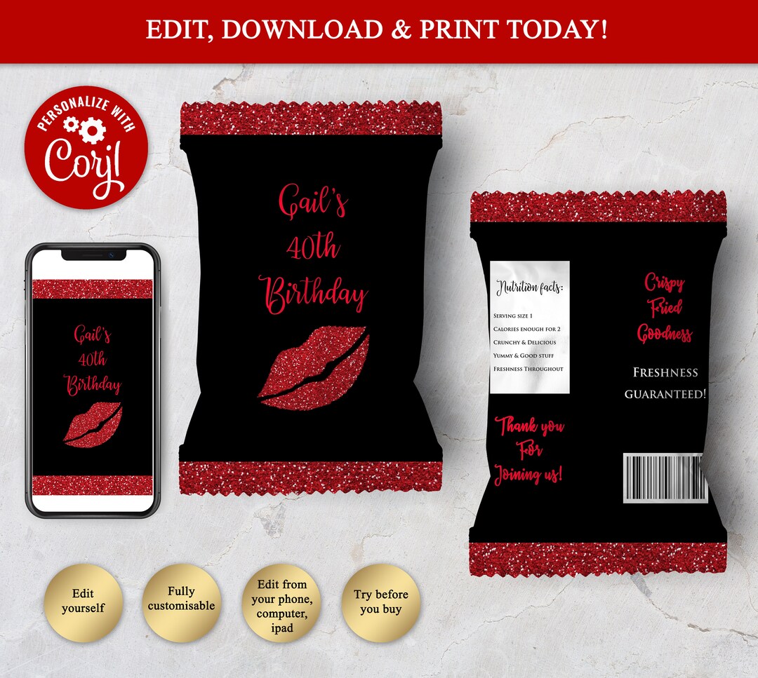 Glitter Red Lips Chip Bag Wrapper, Birthday Party Favors, Retirement ...