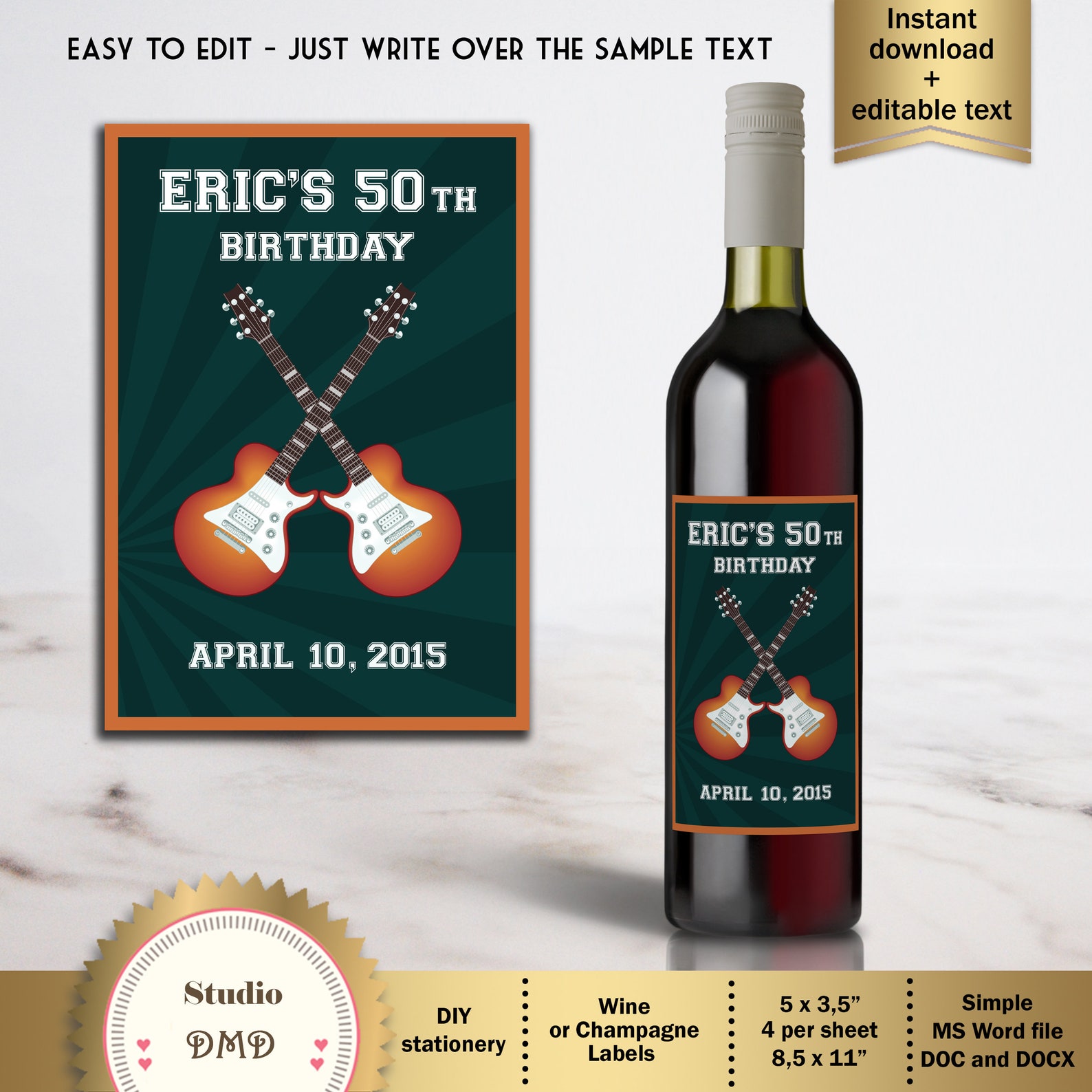 Custom Wine Bottle Labels Personalized Music Jamming Guitar | Etsy