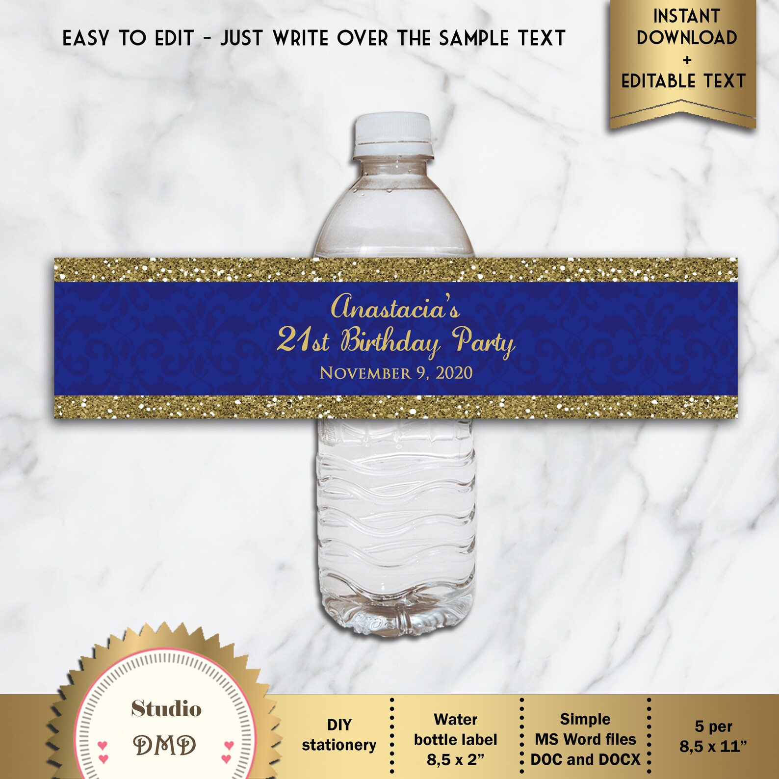 Printable Bottle Labels Royal Blue Gold Glitter Birthday - Etsy