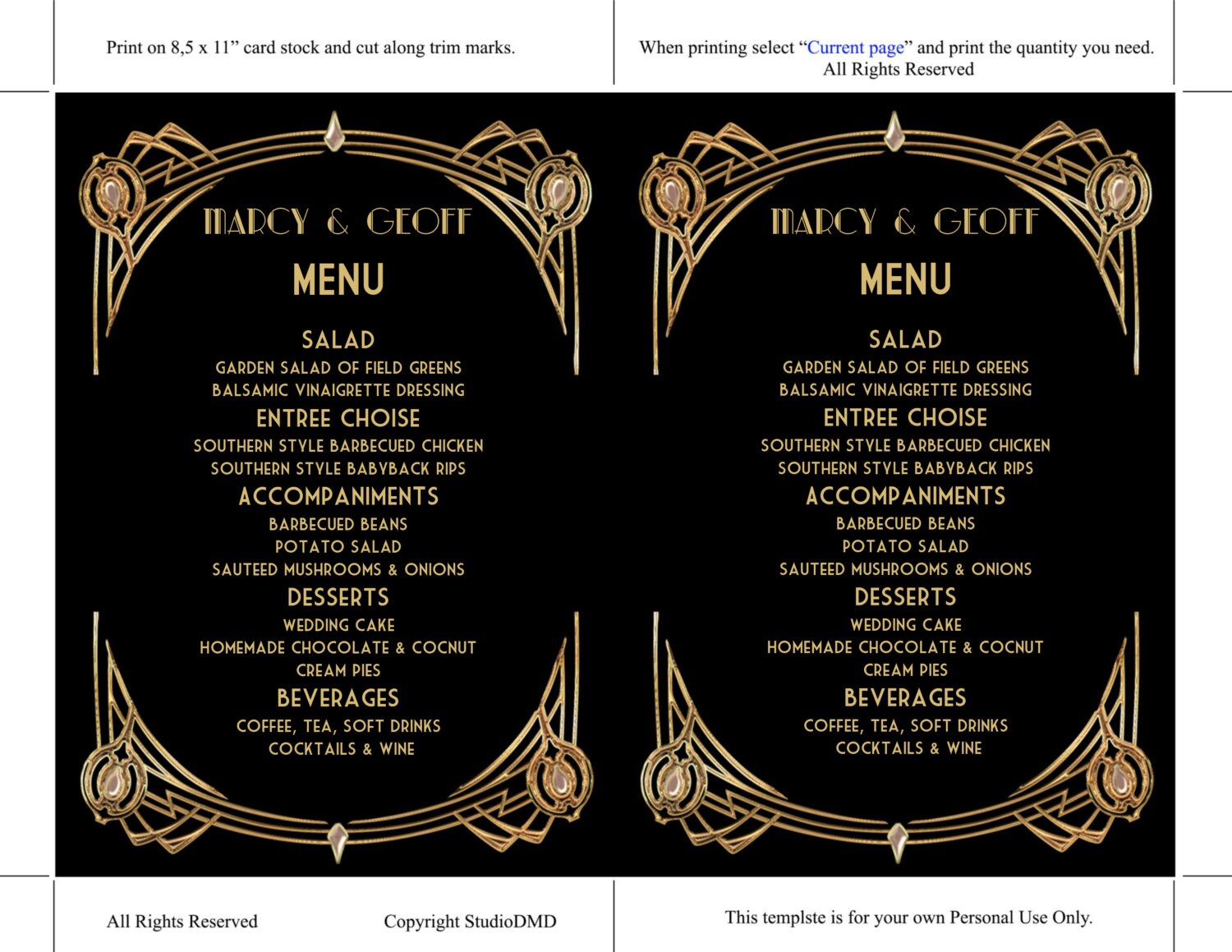 Printable Menu Card Template Great Gatsby Style Art Deco - Etsy