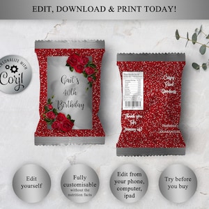 Red and Silver Chip Bag Wrapper Red Glam Roses Birthday - Etsy