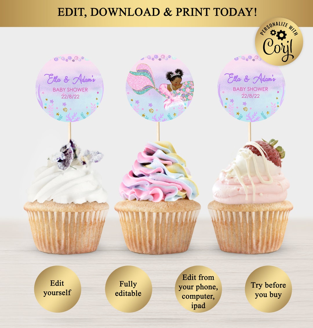 Cupcake Toppers, Round Labels, Round Stickers, Mermaid Baby Shower ...