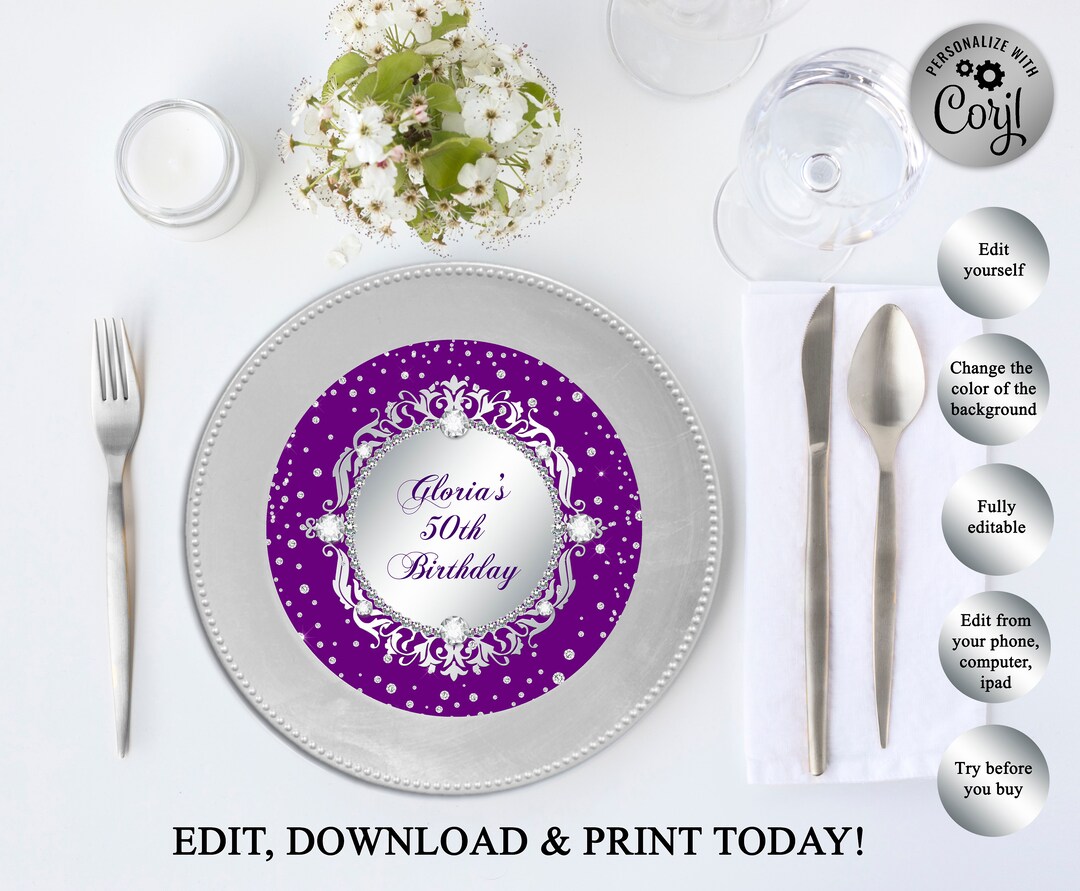 Printable Charger Plate Insert or Centerpiece, Purple and Silver ...