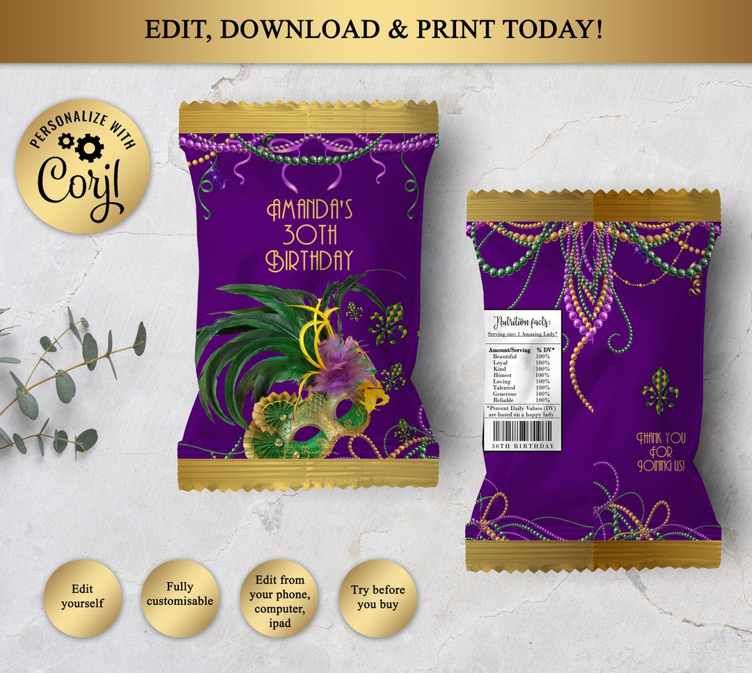 Printable Masquerade Chip Bag Wrapper Label, Mardi Gras Favor Bag ...