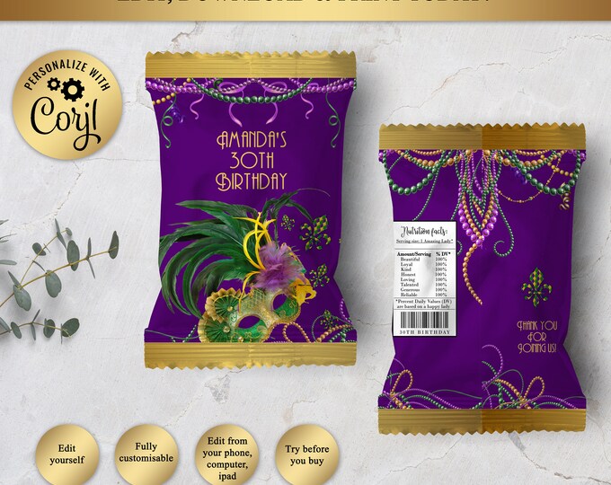 Printable Masquerade Chip Bag Wrapper Label, Mardi Gras Favor Bag ...