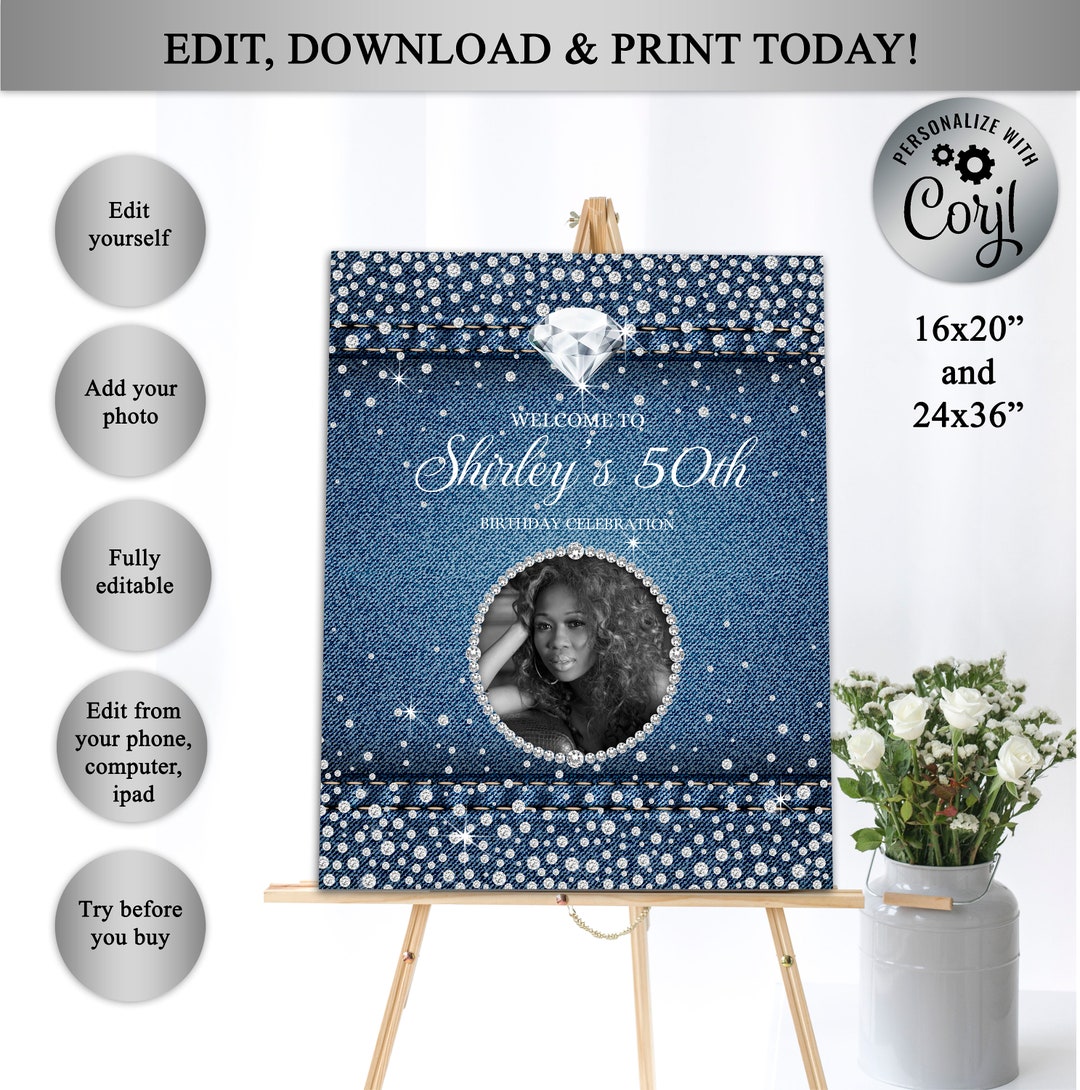 Denim and Diamonds Welcome Sign, Birthday Sign, Elegant Welcome Sign ...