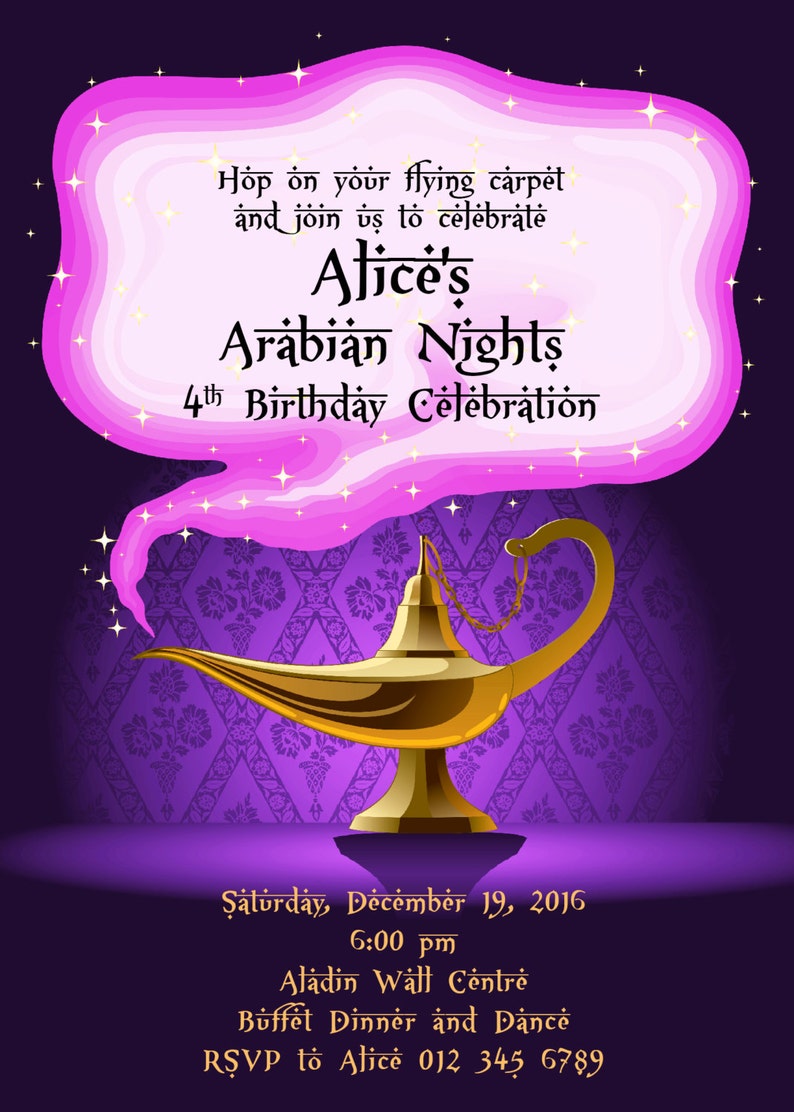 Aladdin Lamp Birthday Party Invitation Purple Pink 1st 16th | Etsy