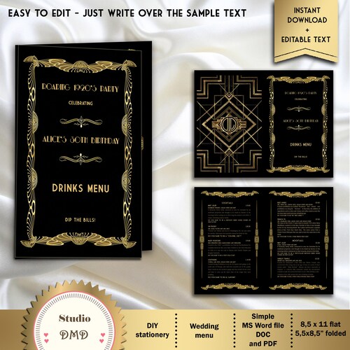 EDITBALE Roaring 20s Menu Editable Template. Black and Gold - Etsy