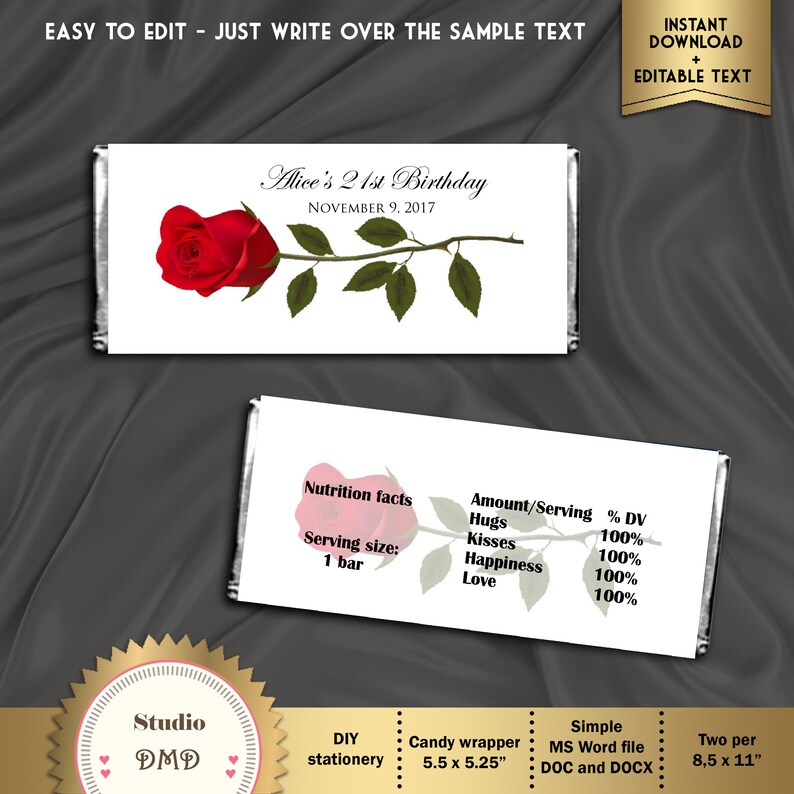 Printable Candy Bar Wrapper Red Rose Birthday Party - Etsy