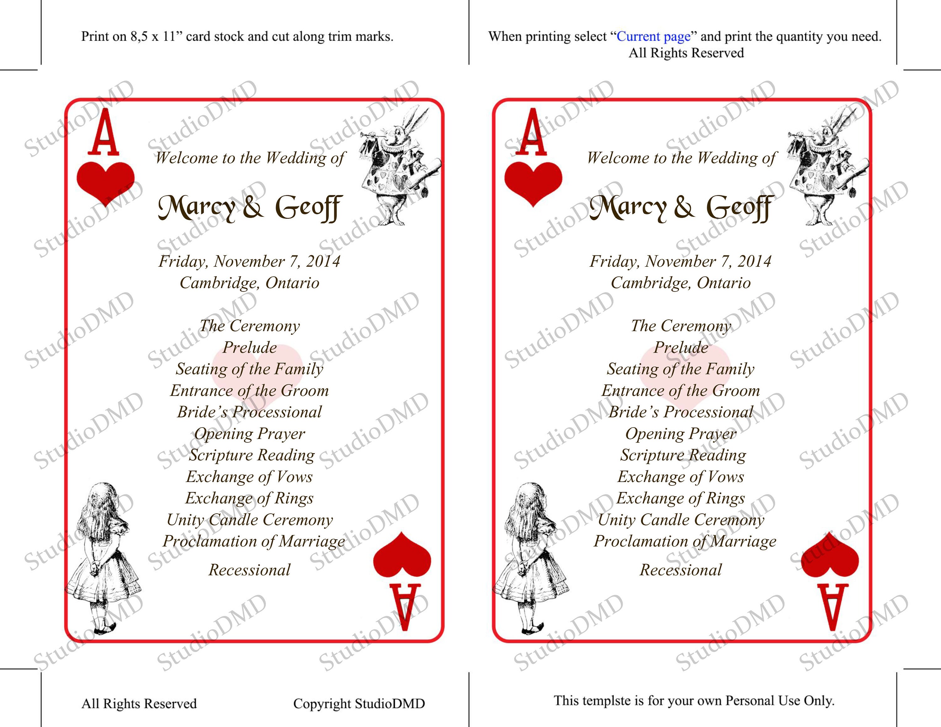 Alice in Wonderland Playing Card Program Template DIY Fan | Etsy