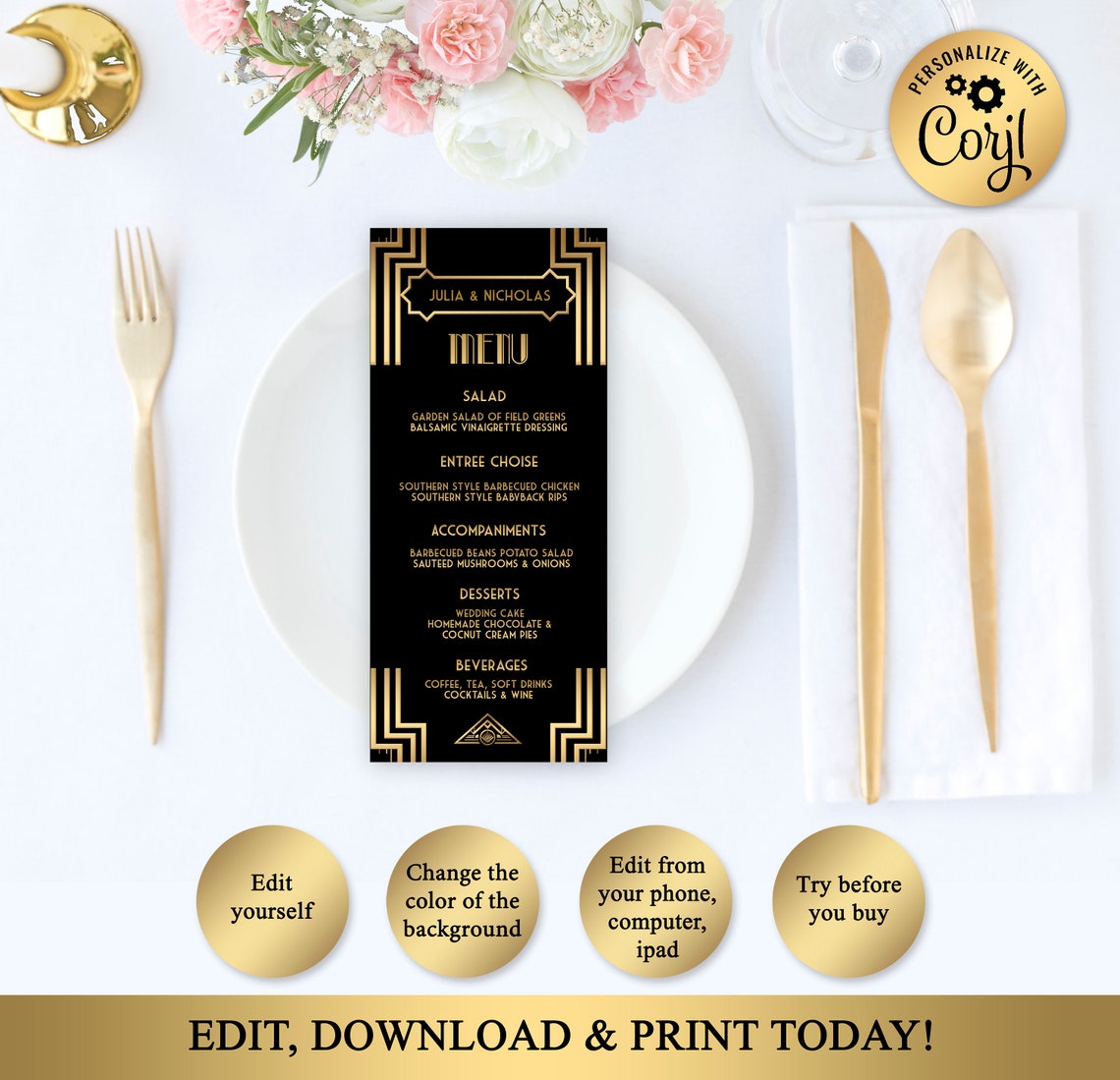 Printable Menu Card Template Great Gatsby Style Art Deco - Etsy