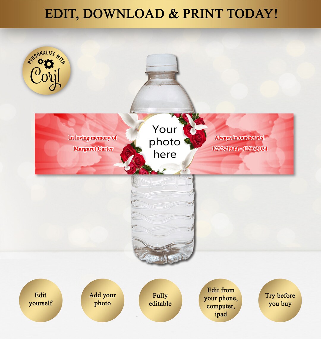 Funeral Water Bottle Label With Photo, Memorial Water Bottle, Bottle ...