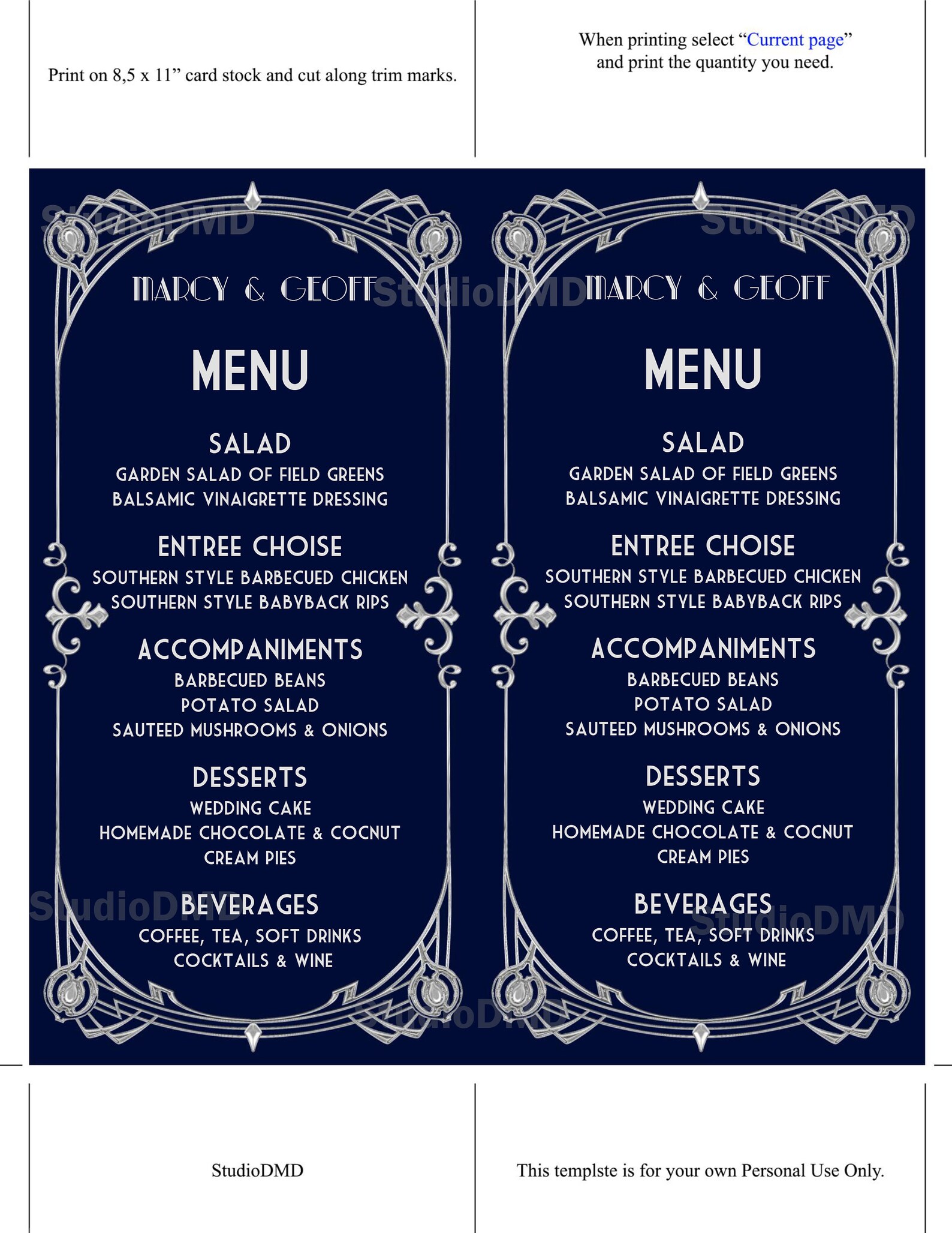 Printable Menu Card Template Great Gatsby Style Art Deco - Etsy