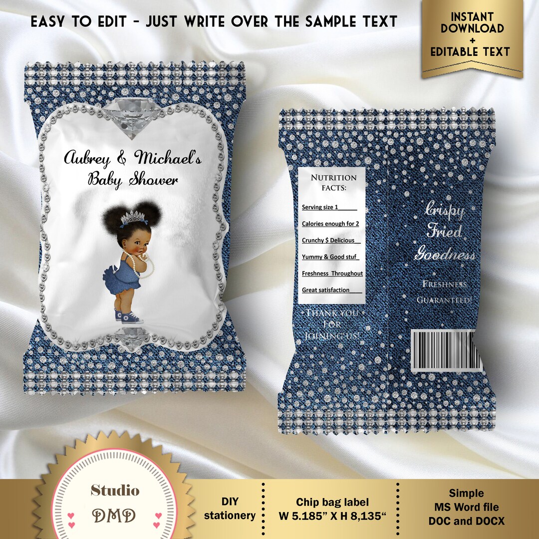 Printable Chip Bag Wrapper Labels, Denim and Diamonds Baby Shower, Baby ...
