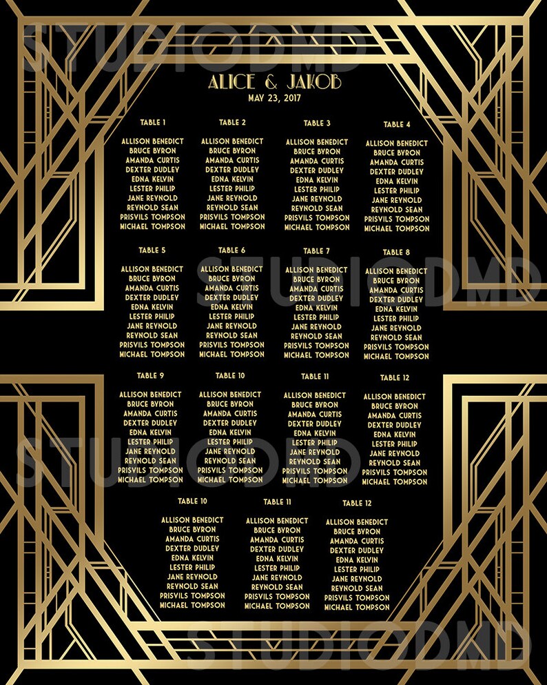 Printable Wedding Guest Seating Chart Seating List Art Deco - Etsy