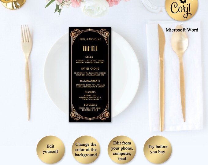 Printable Menu Card Template, Great Gatsby Style Art Deco, Black and ...