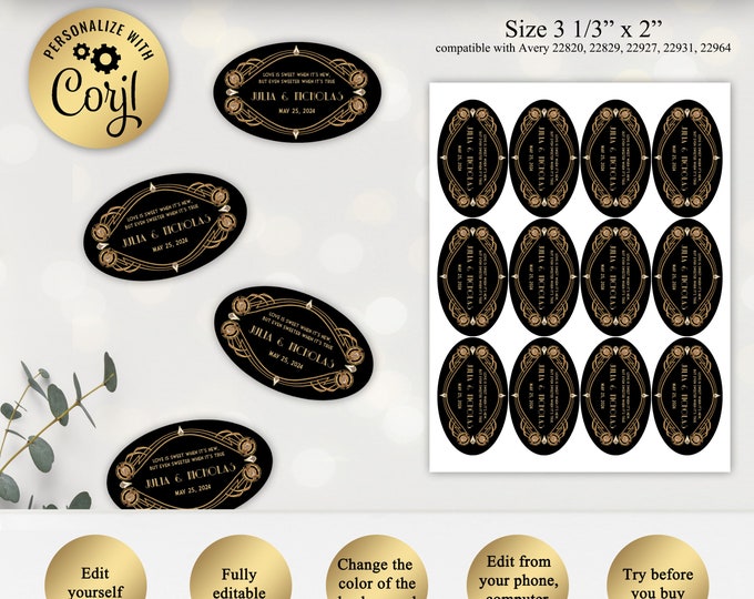 Art Deco Gatsby Style Wedding Stickers, Oval Labels, Black and Gold ...
