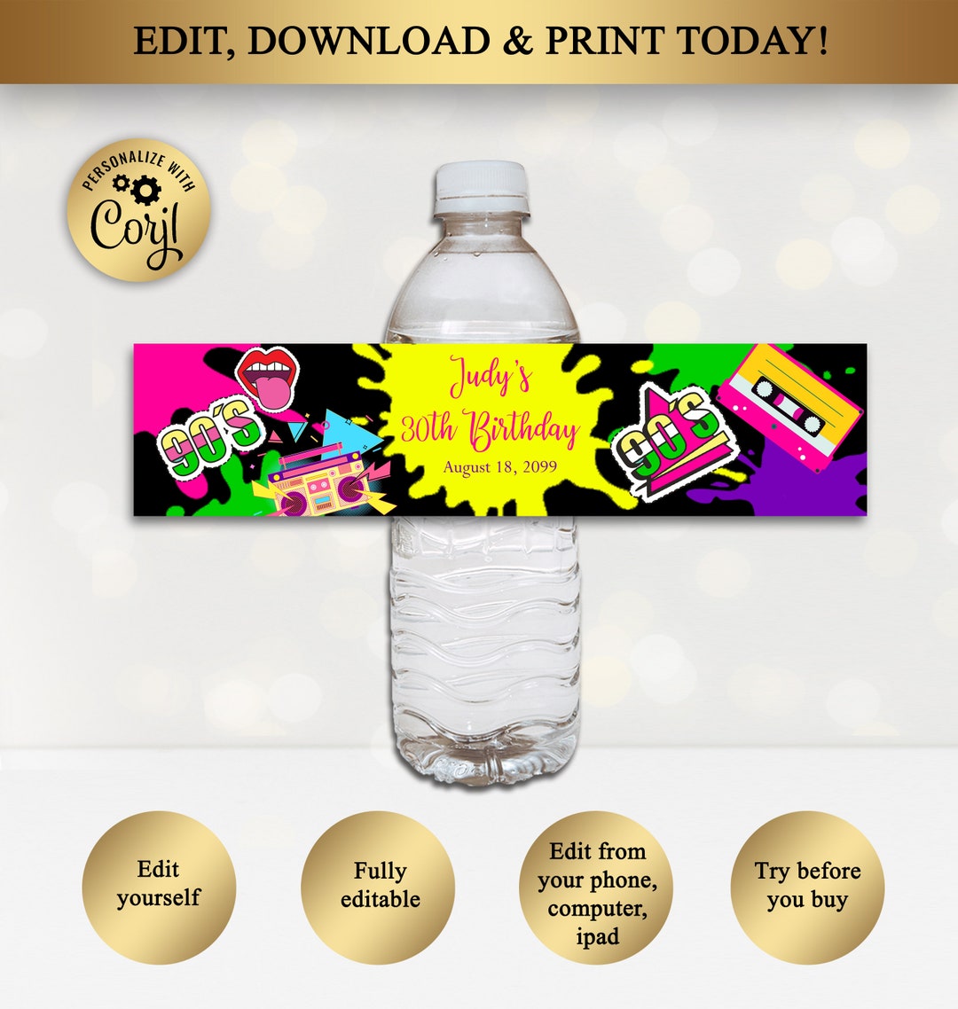 Printable 90's Water Bottle Labels, 90's Birthday Party, Back to the 90 ...