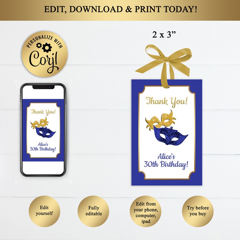 Printable Thank You Tags Favor Tags Labels Masquerade Ball - Etsy